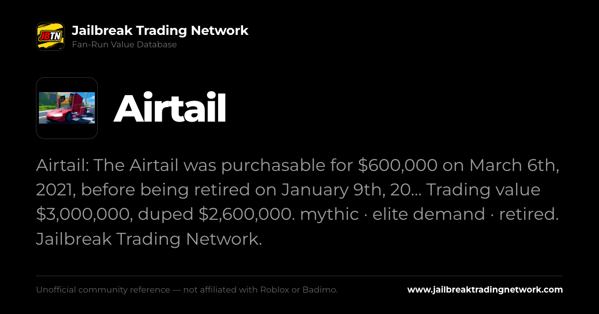 Airtail | Roblox Jailbreak Trading Network Value List